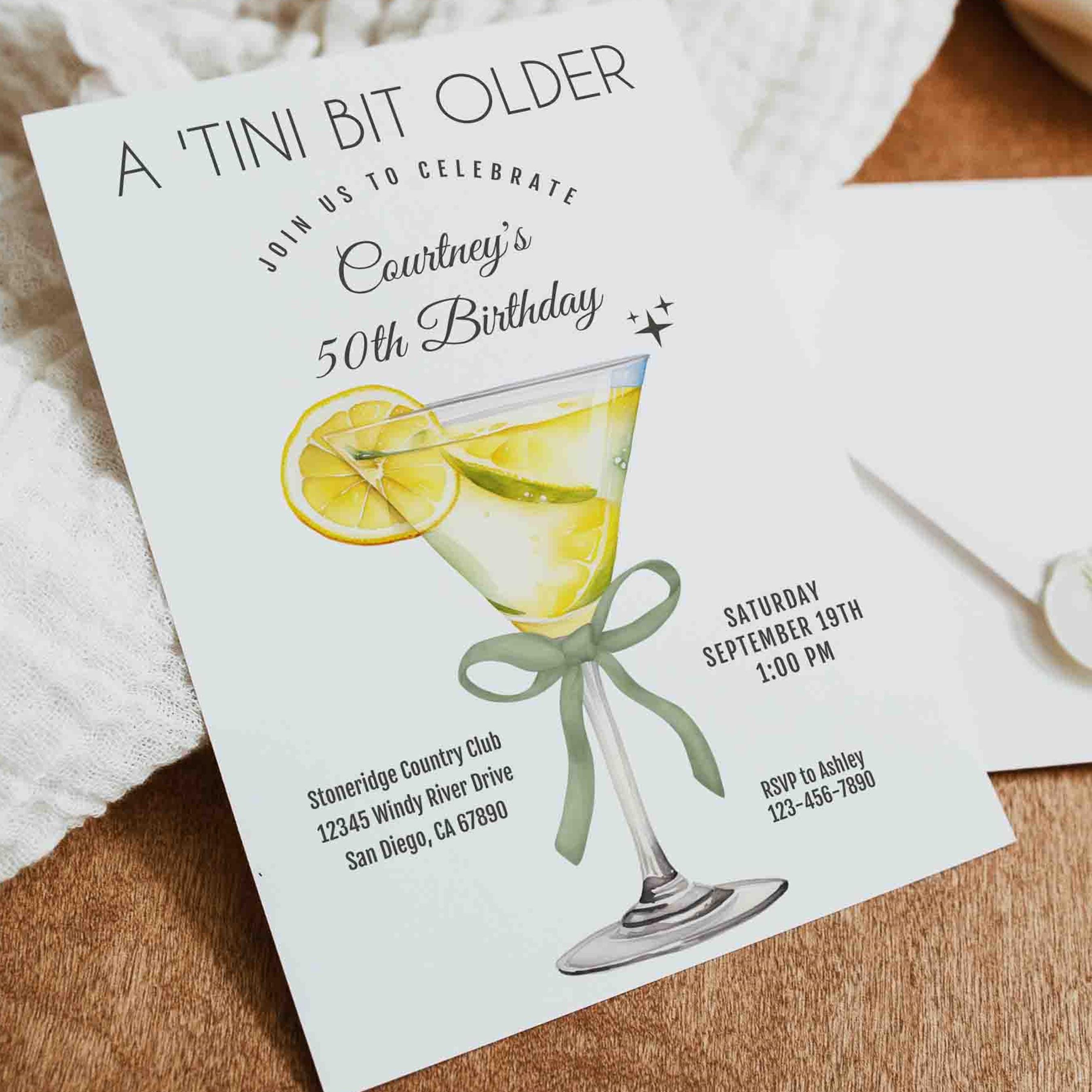 Martini Birthday Invitation; Lemon Drop A Tini Bit Older Theme; Sage ...