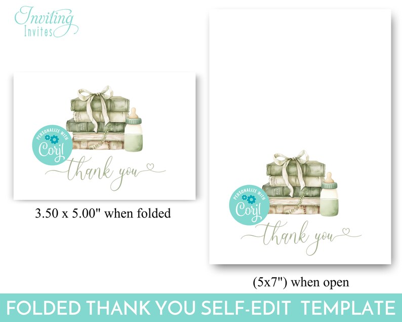 SAGE GREEN Book Thank You Note Card, Book Themed Baby Shower, Folded ...