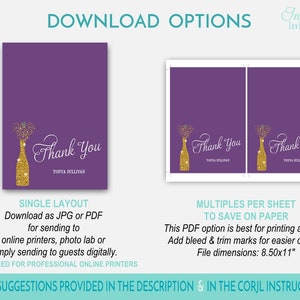 Purple Thank You Note Card, Pop the Champagne Theme, Faux Gold Glitter ...