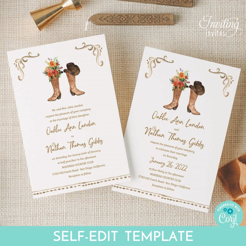 ORANGE Cowboy Boot Wedding Invitation Suite, Rustic Wedding Invitation ...