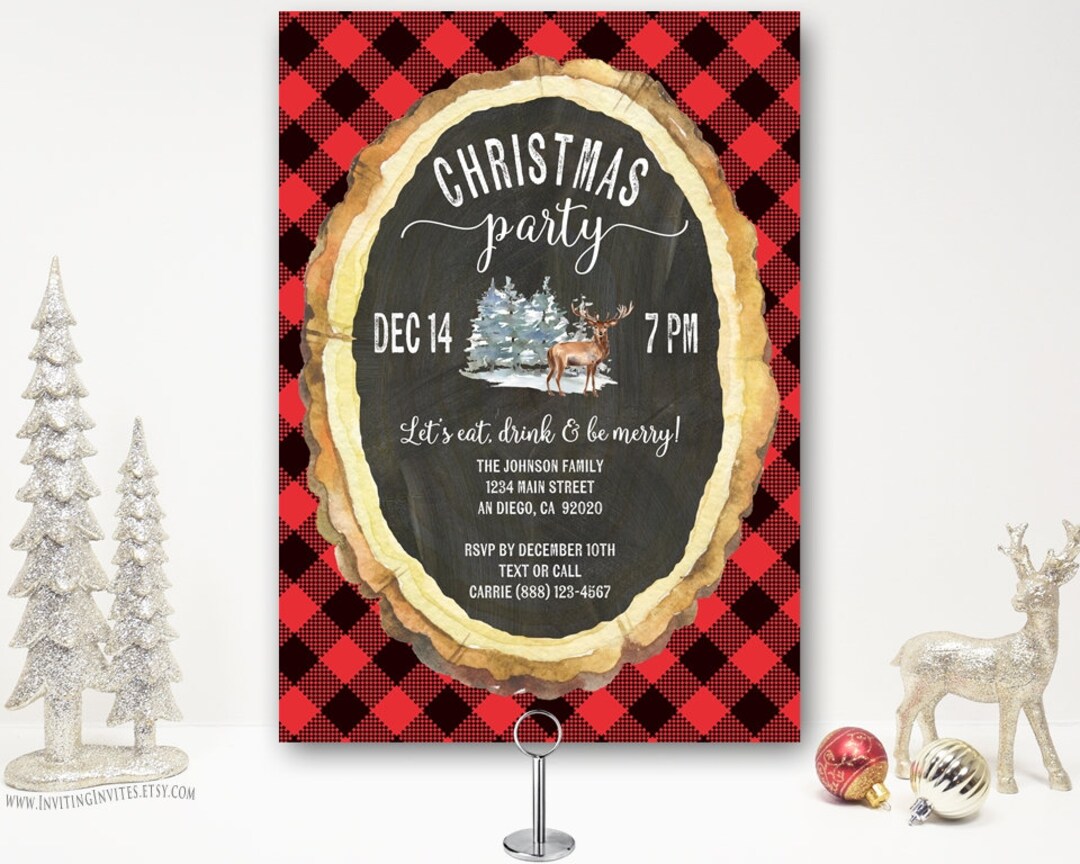Rustic Christmas Party Invitation Deer, Trees, Chalkboard, Buffalo ...