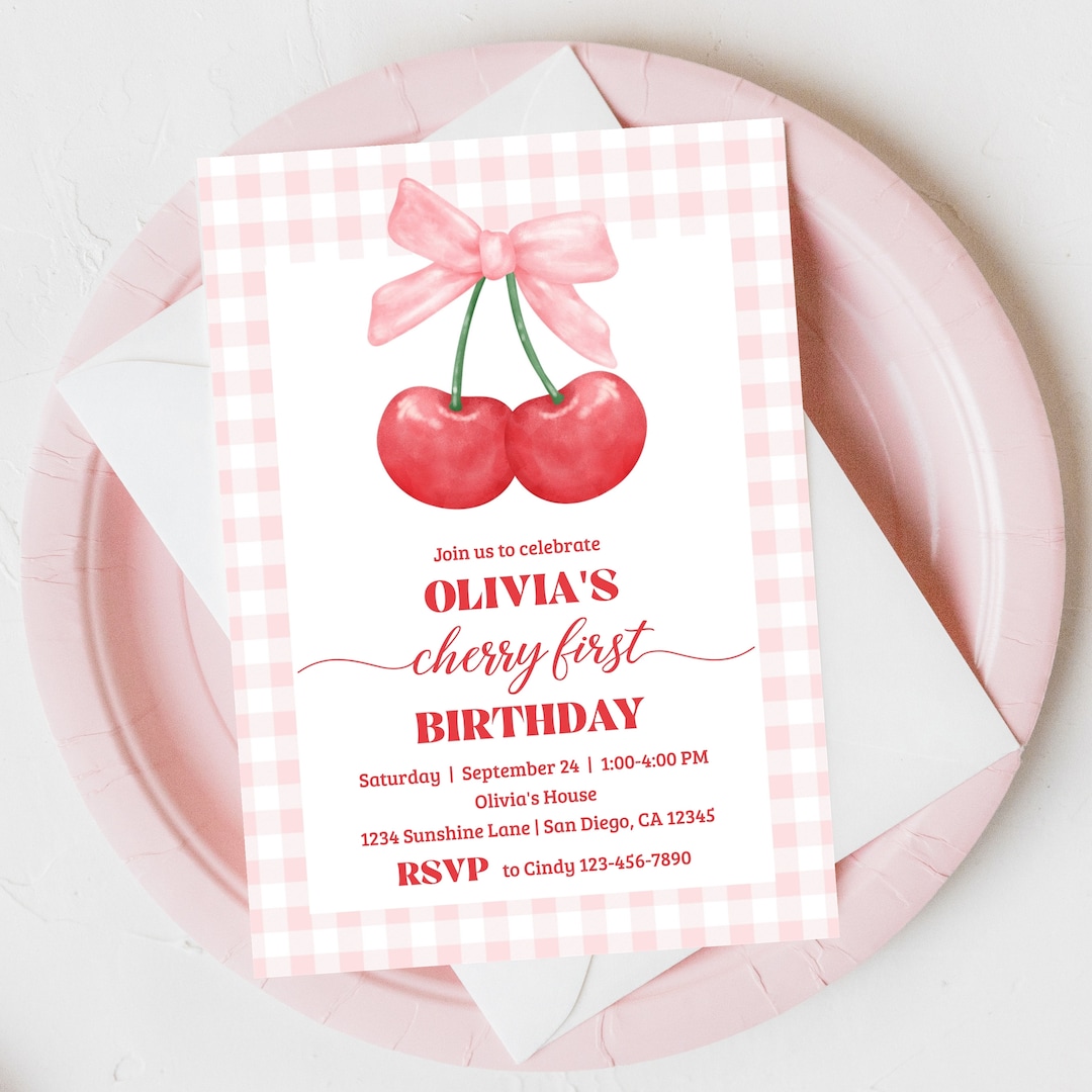 Cherry 1st Birthday Invitation Template, Coquette Bow Cherry First ...