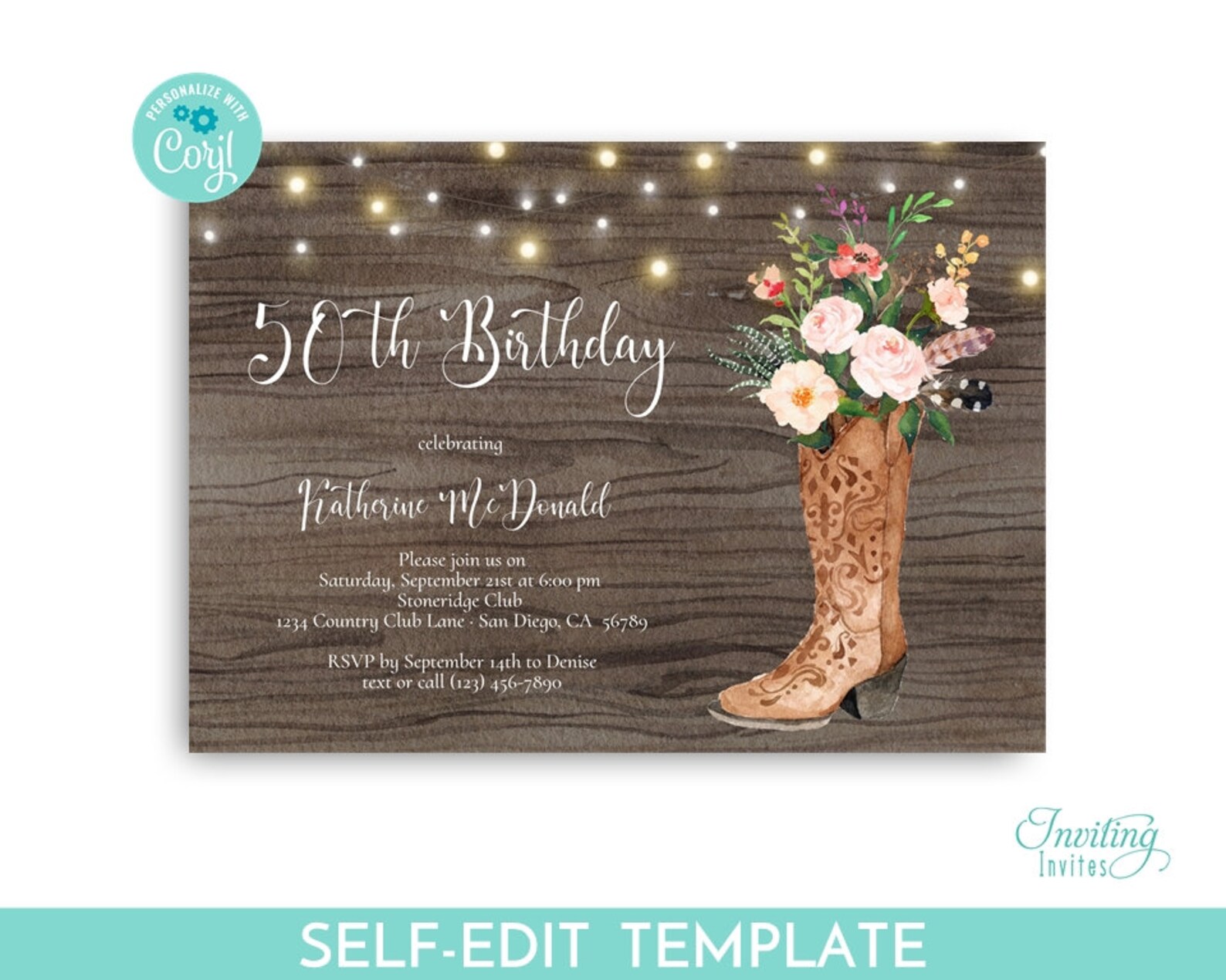 Cowboy Boots Rustic Birthday Invitation for Women Cowgirl - Etsy