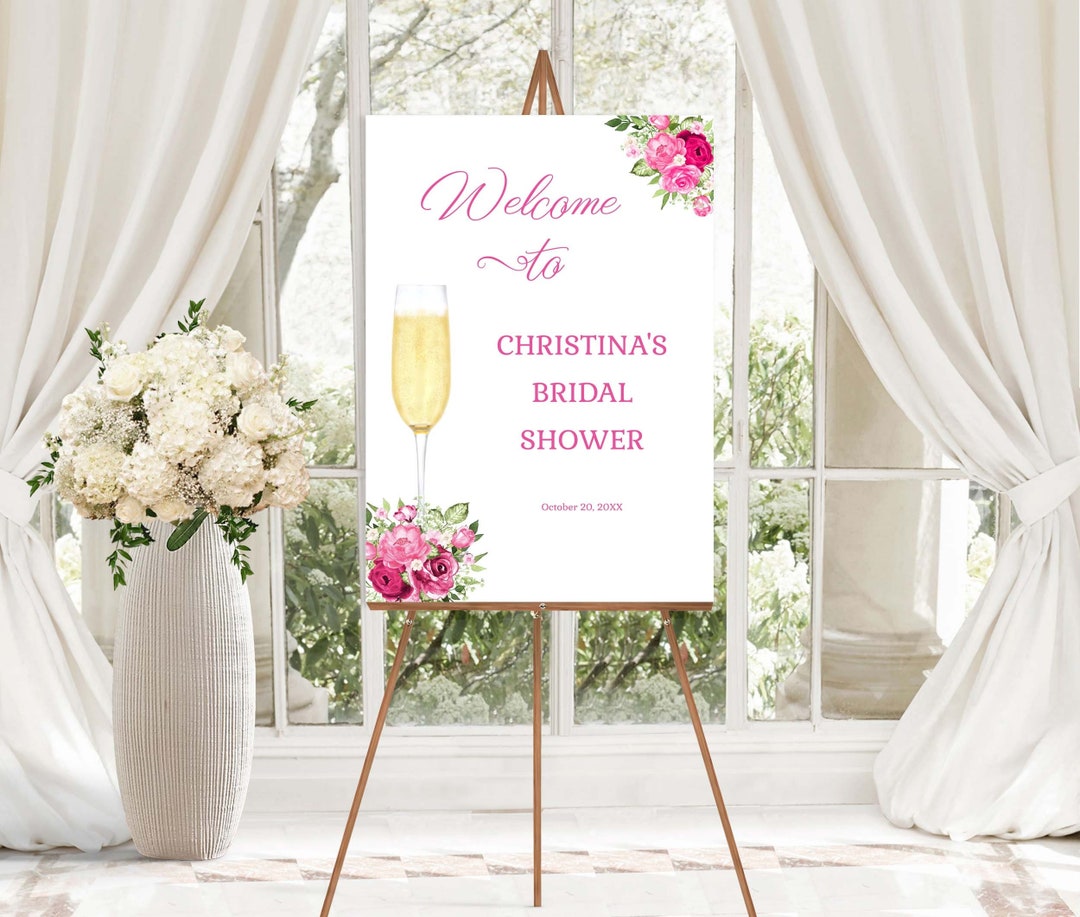 Hot Pink Floral Petals and Prosecco Bridal Shower Welcome Sign ...
