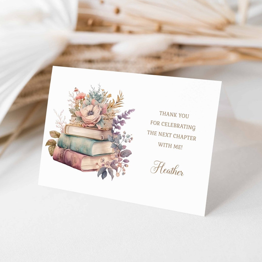 Book Thank You Note Card, Book Themed Bridal Shower Folded Thank You ...