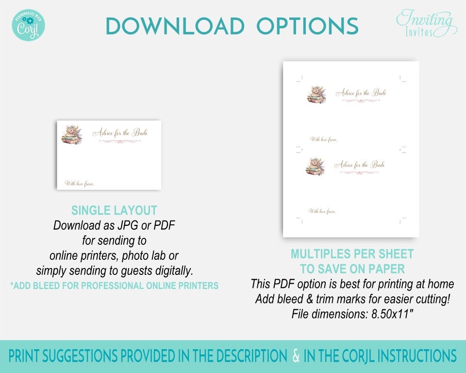 Advice for the Bride to Be Card, Bridal Shower Game, Book Advice Card ...