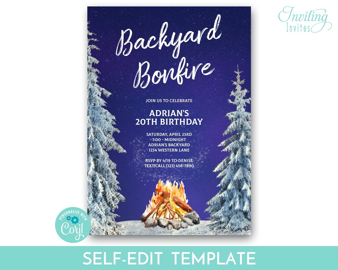 Bonfire Birthday Invitation Template, Campfire Party Invite, Rustic ...