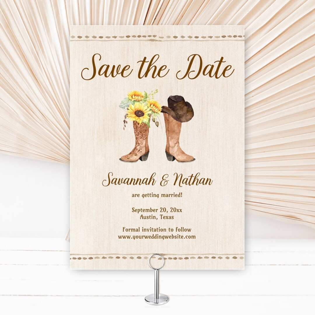 Sunflower Cowboy Boots Save the Date, Rustic Wedding, Country Save the ...