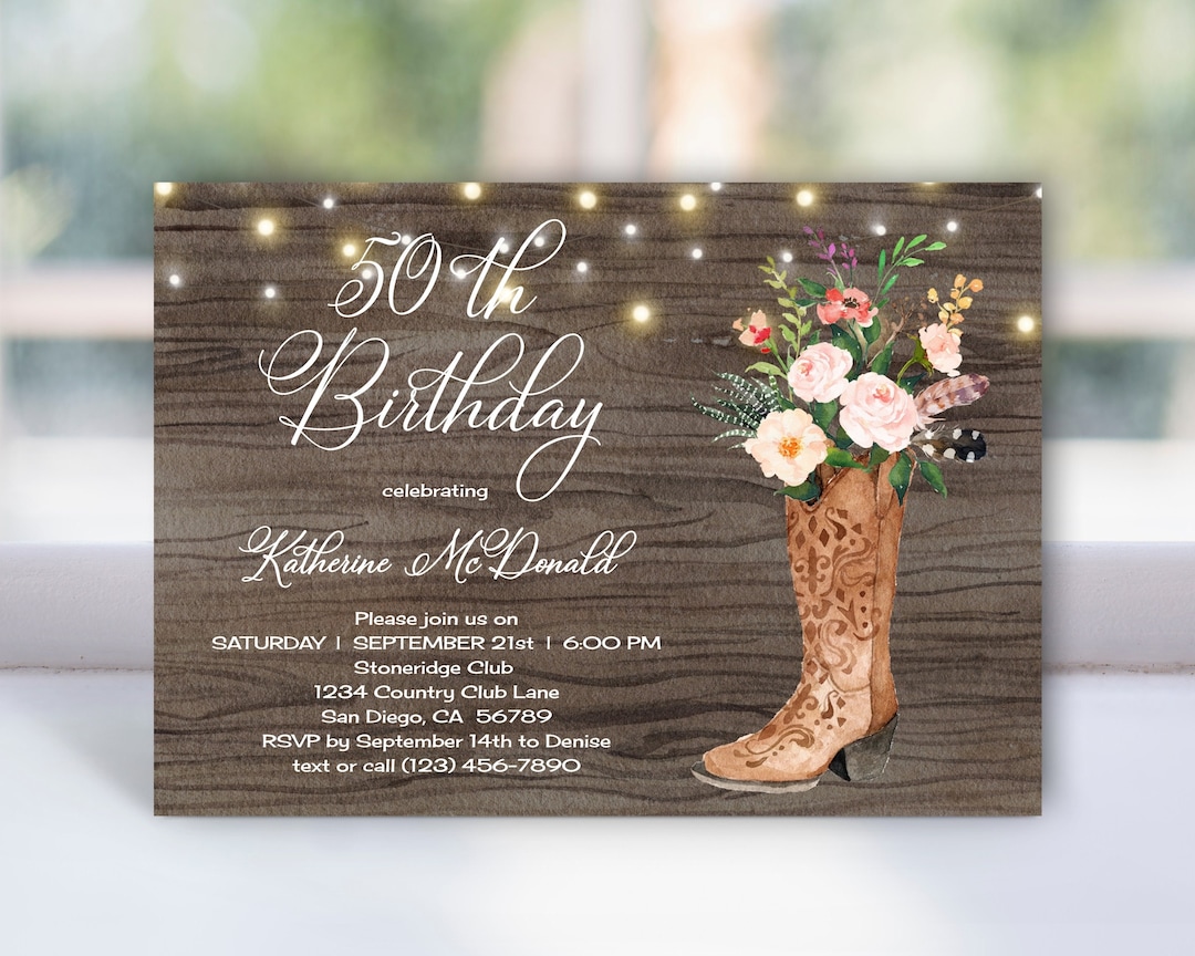 Cowboy Boots Rustic Birthday Invitation for Women, Cowgirl, Rustic ...