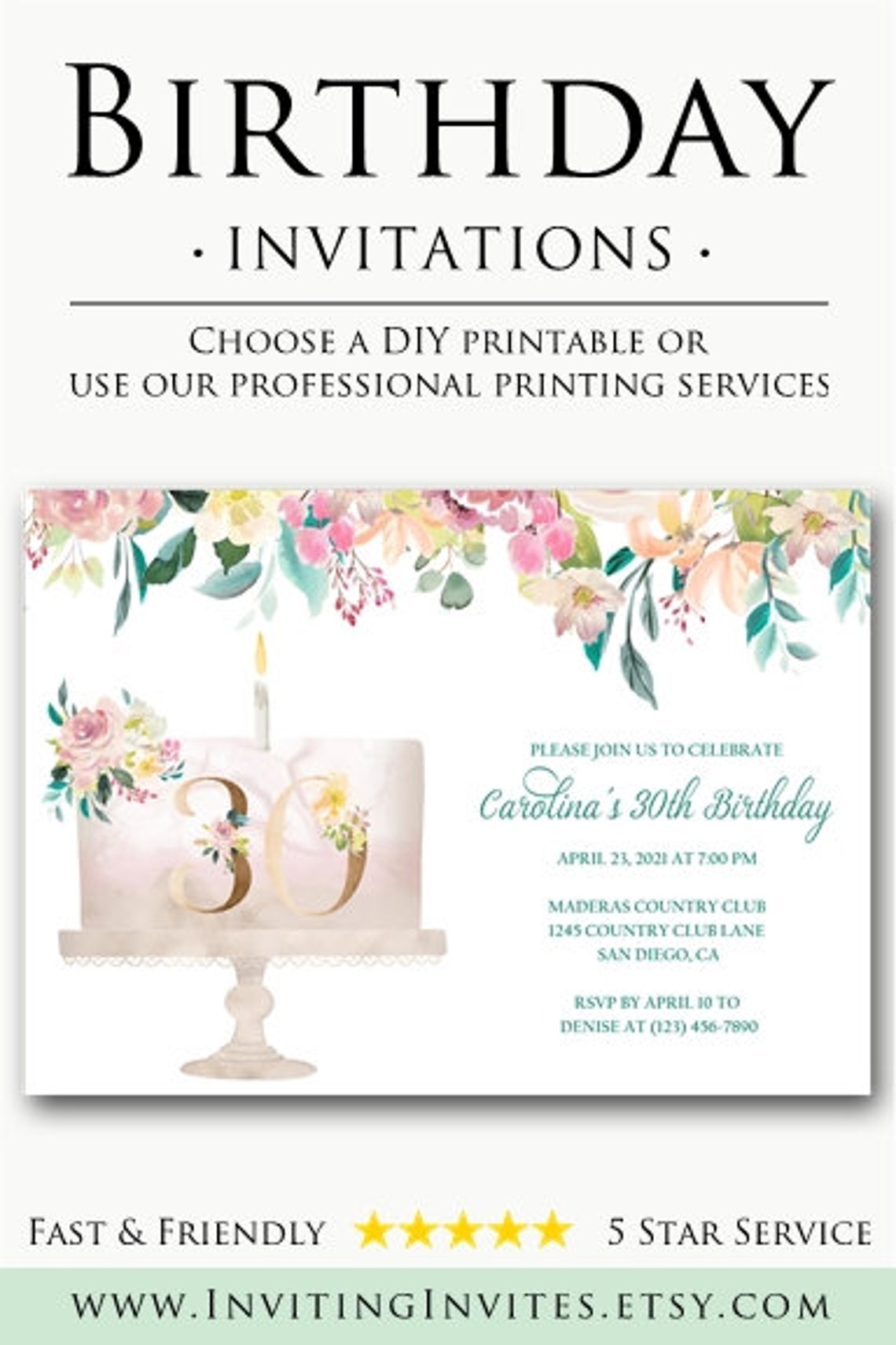 Elegant Birthday Party Invitation for Women Girl Floral - Etsy