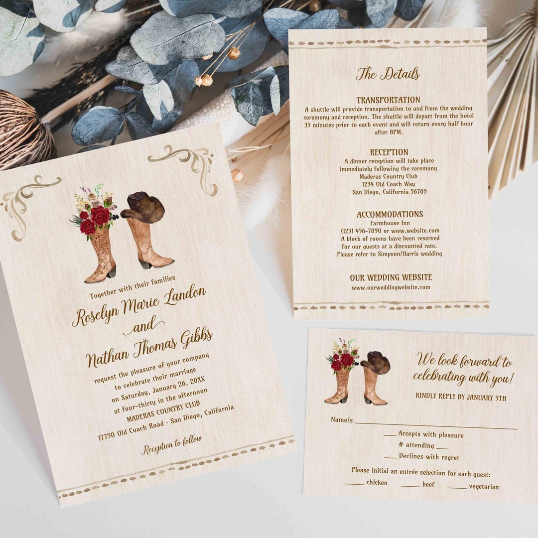 Red Roses Cowboy Boots Wedding Invitation | Rustic Wedding Invite ...