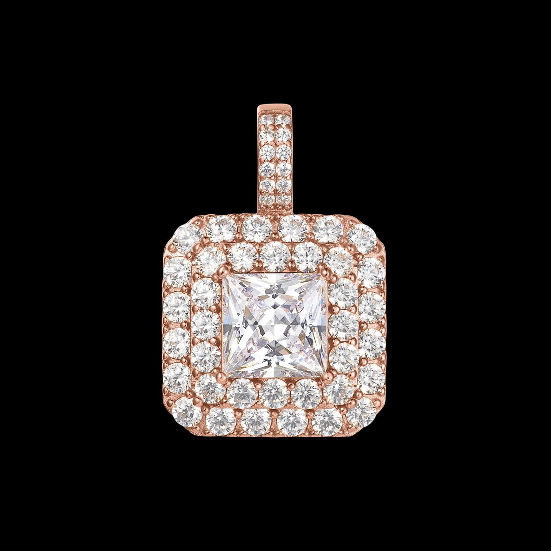 Princess Cut Pendant, Double Halo Design, Set in Sterling Silver, 3 ...