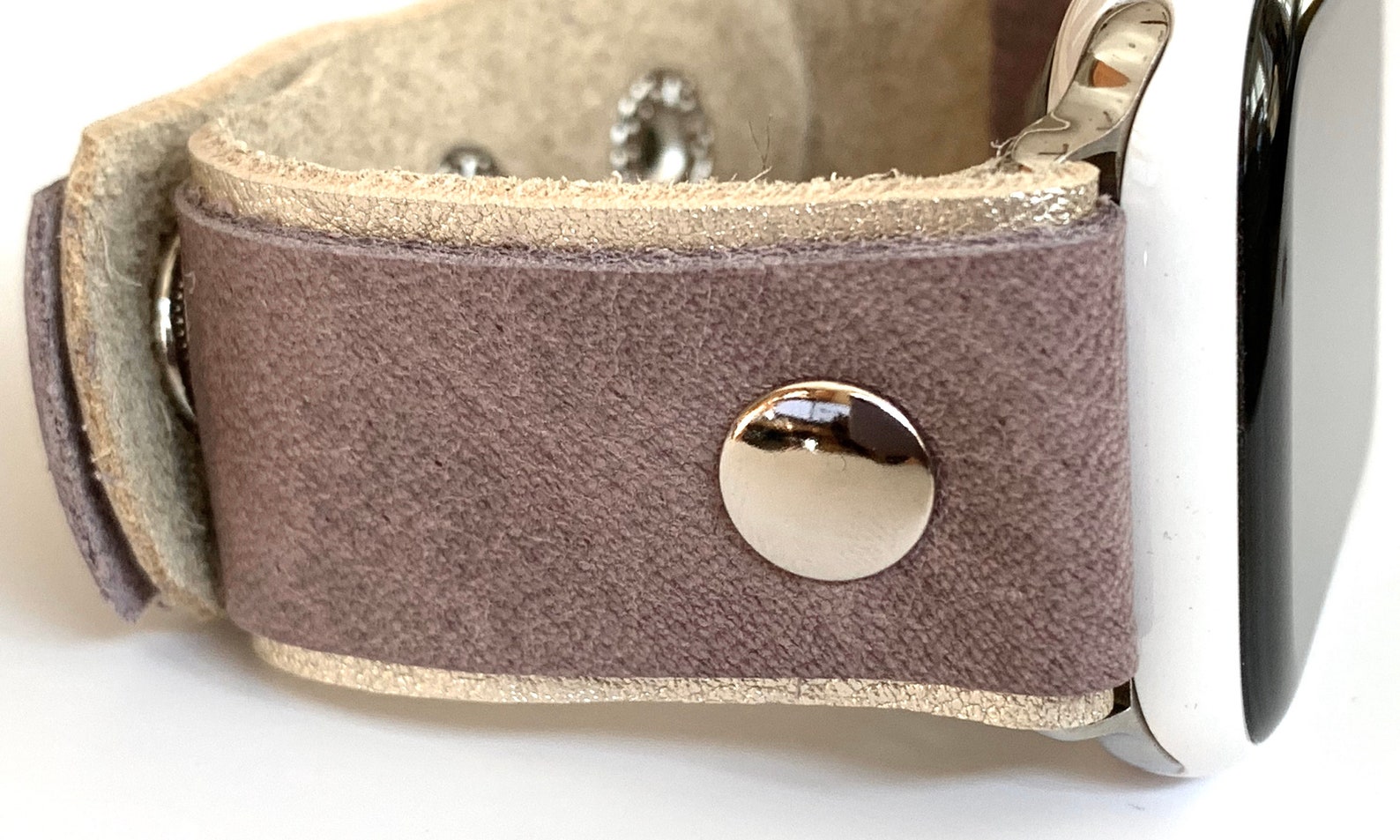 Leather Apple Watch Band in Opal and Light Platinum Gold Metallic Up ...