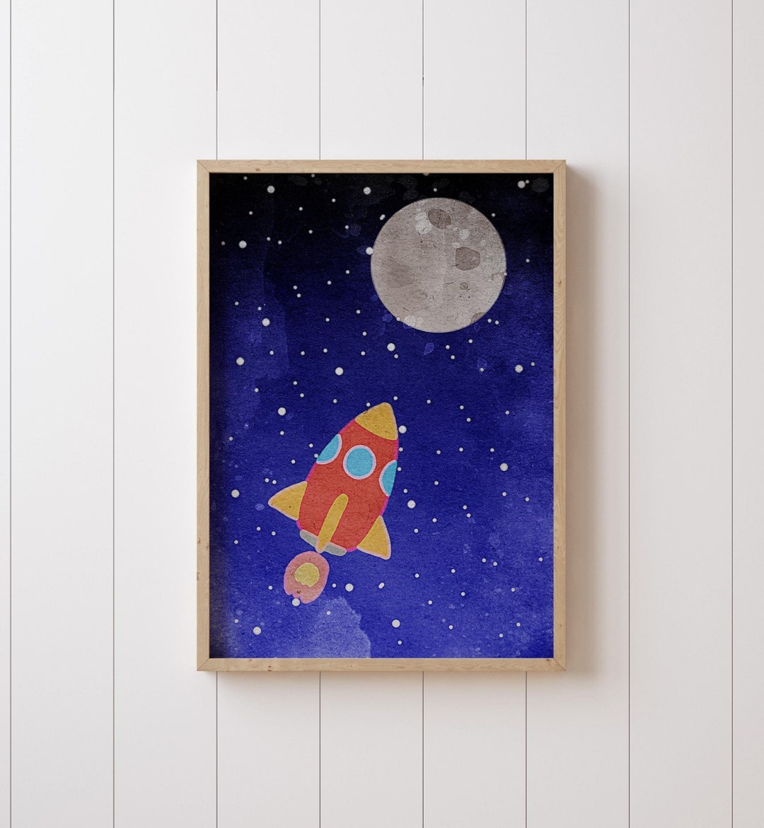 Rocket Ship Wall Art for Kids, Space Watercolor Print, Nursery Art Gift ...