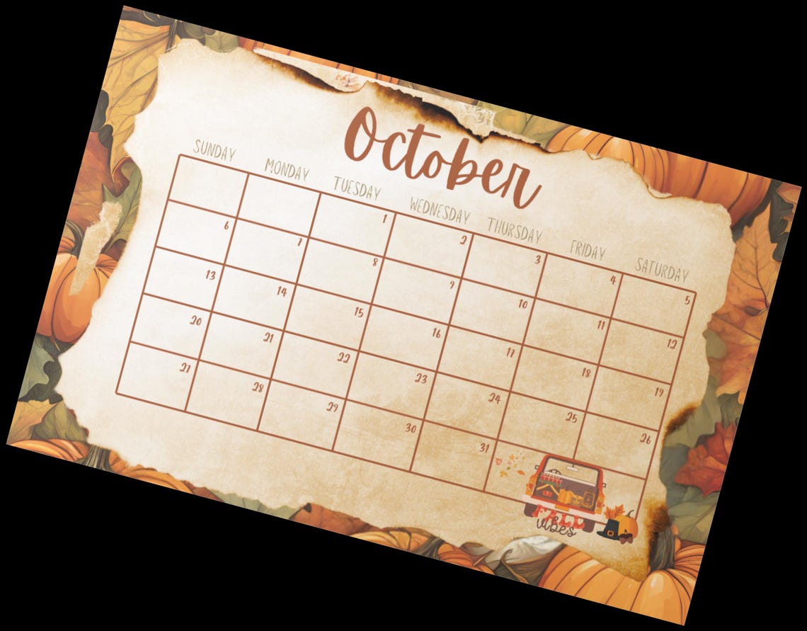 October Printable Calendar, Fall Printable Calendar, Downloadable Fall ...