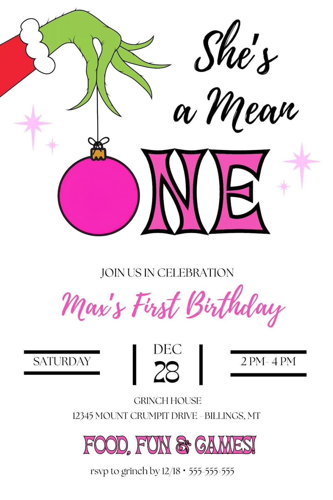 Customizable-she's a Mean One Grinch First Birthday, Christmas Party ...