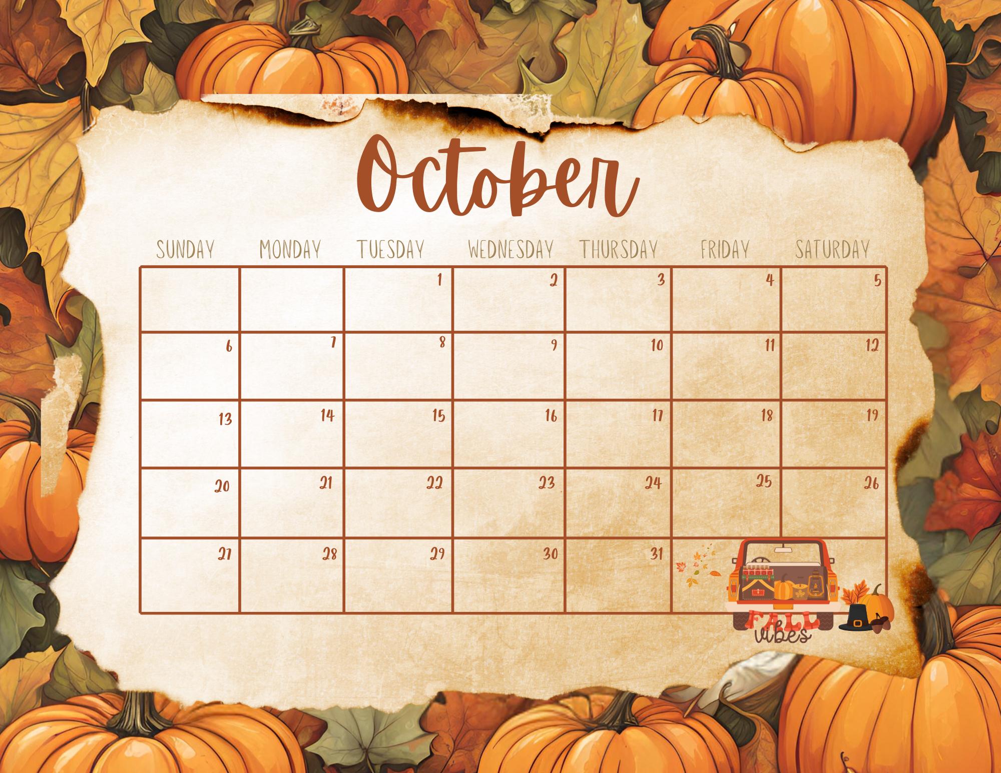 October Printable Calendar, Fall Printable Calendar, Downloadable Fall ...