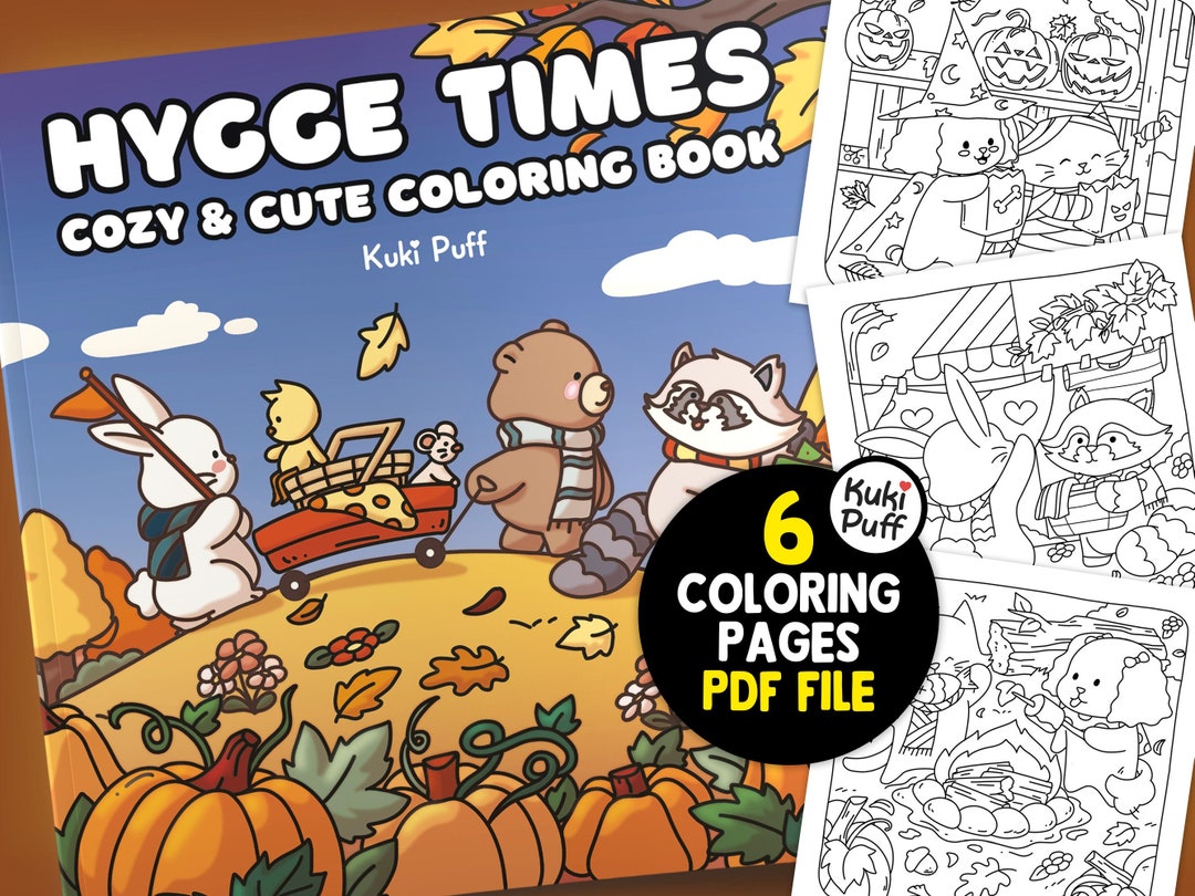 Hygge Times: Cute Cozy Animals Characters in Autumn Scenes Coloring ...