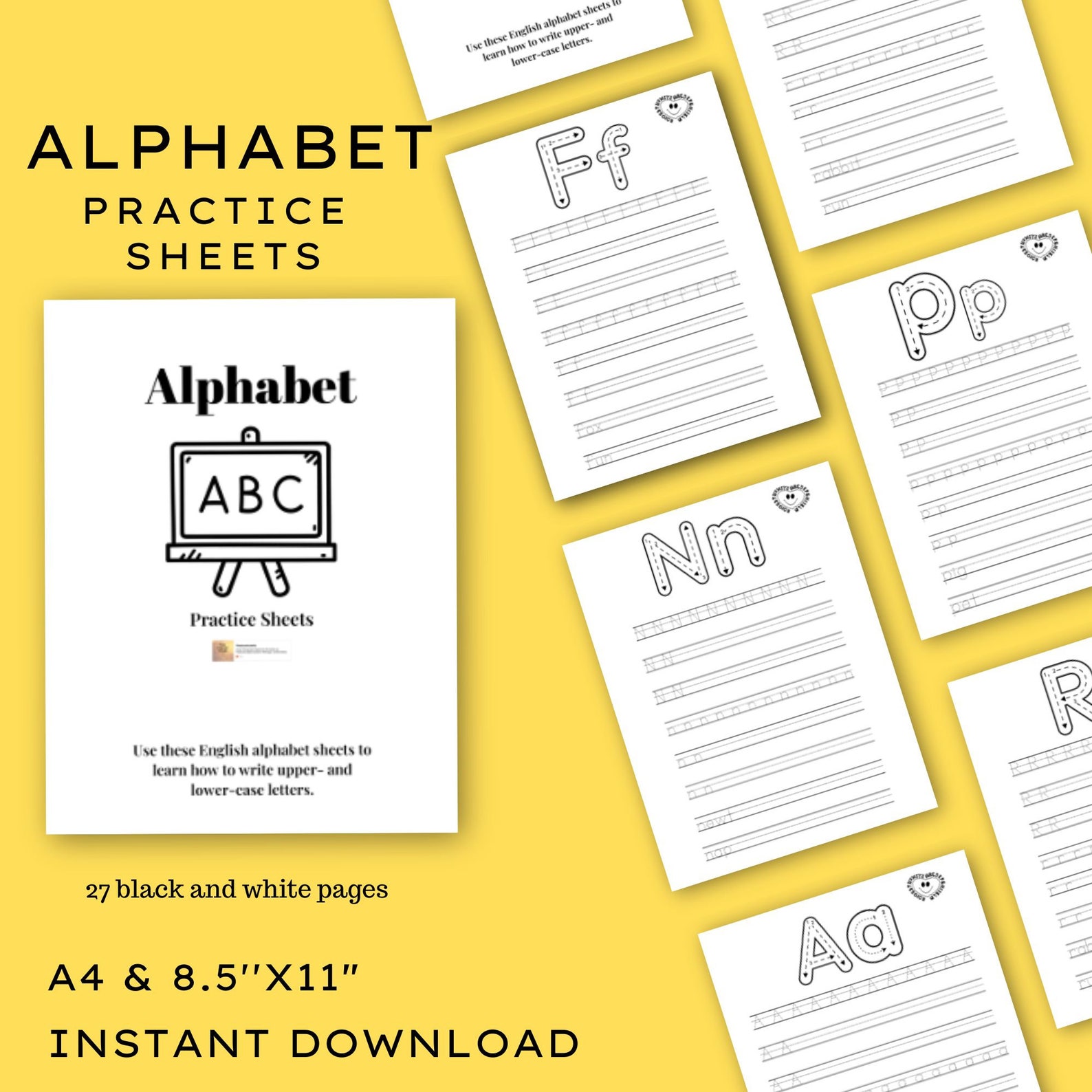English Alphabet Practice Sheets Printable Digital Download - 27 Black ...