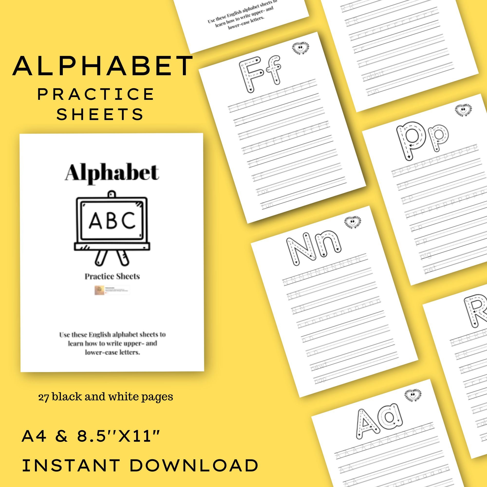 English Alphabet Practice Sheets Printable Digital Download - 27 Black ...