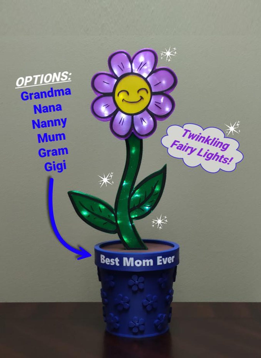 Customizable Illuminated Flower Gift for Women | Purple Smiley Face ...
