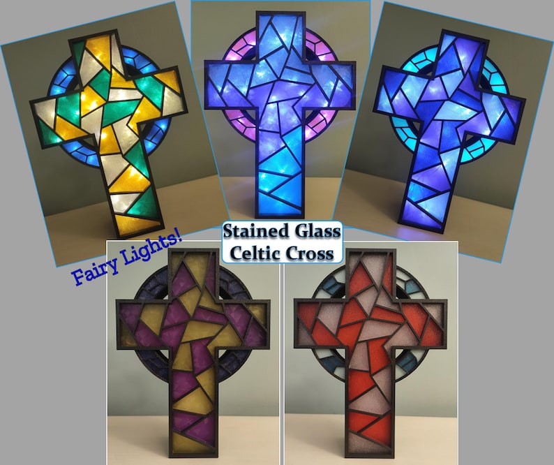 Stained-glass Celtic Cross (lit With Fairy Lights) - Etsy