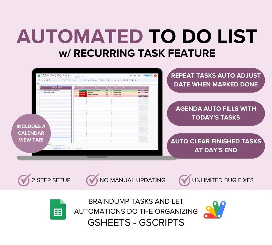Auto Repeat Tasks Digital Planner & to Do List | Automated Google Sheet ...