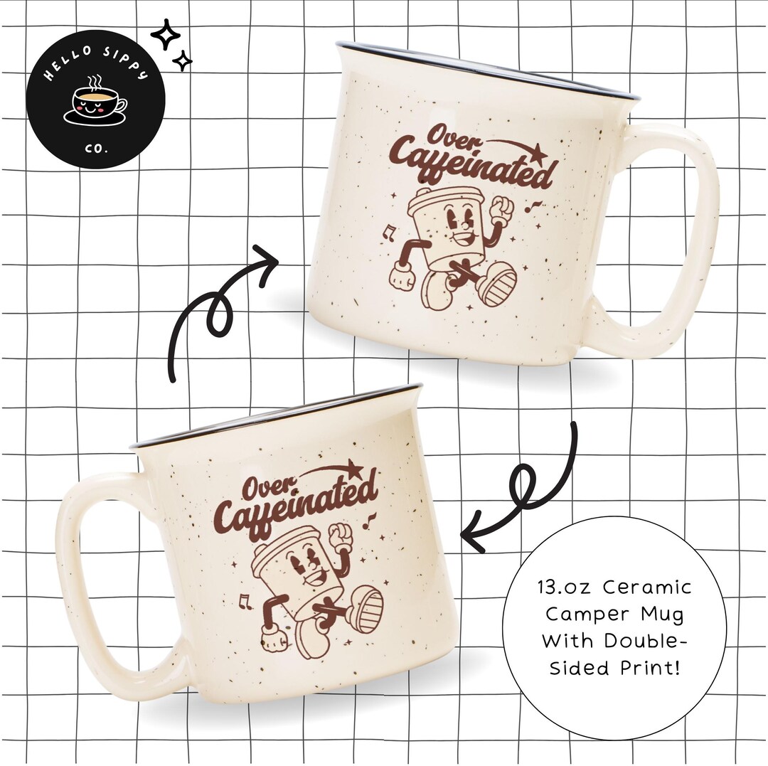 Over Caffeinated | Retro Character Funny Breakfast Mug Speckled Ceramic ...