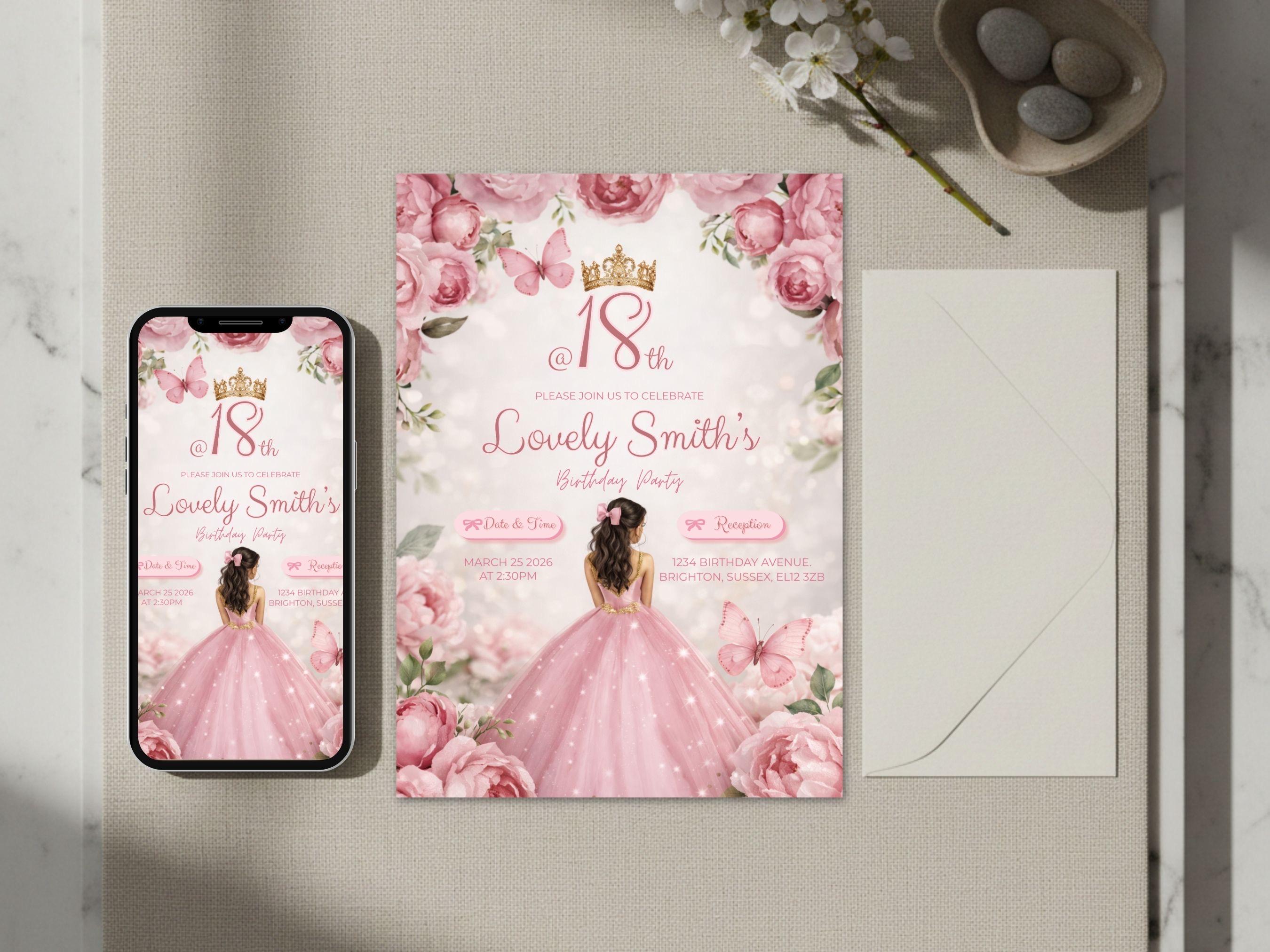 Rose Gold 18th Birthday Invitation | Rose Gold Pink Floral Princess ...