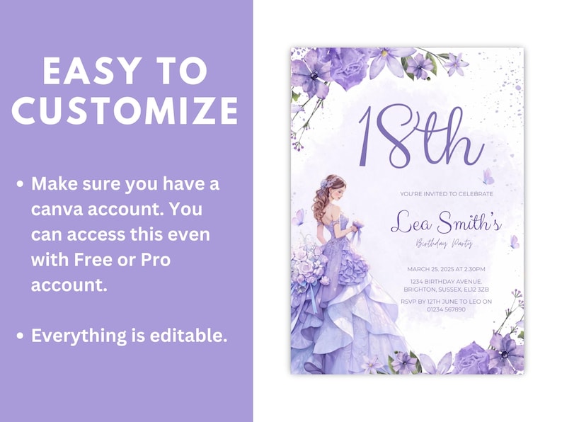 Violet Purple 18th Birthday Invitation | Purple Lilac Lavender Floral ...
