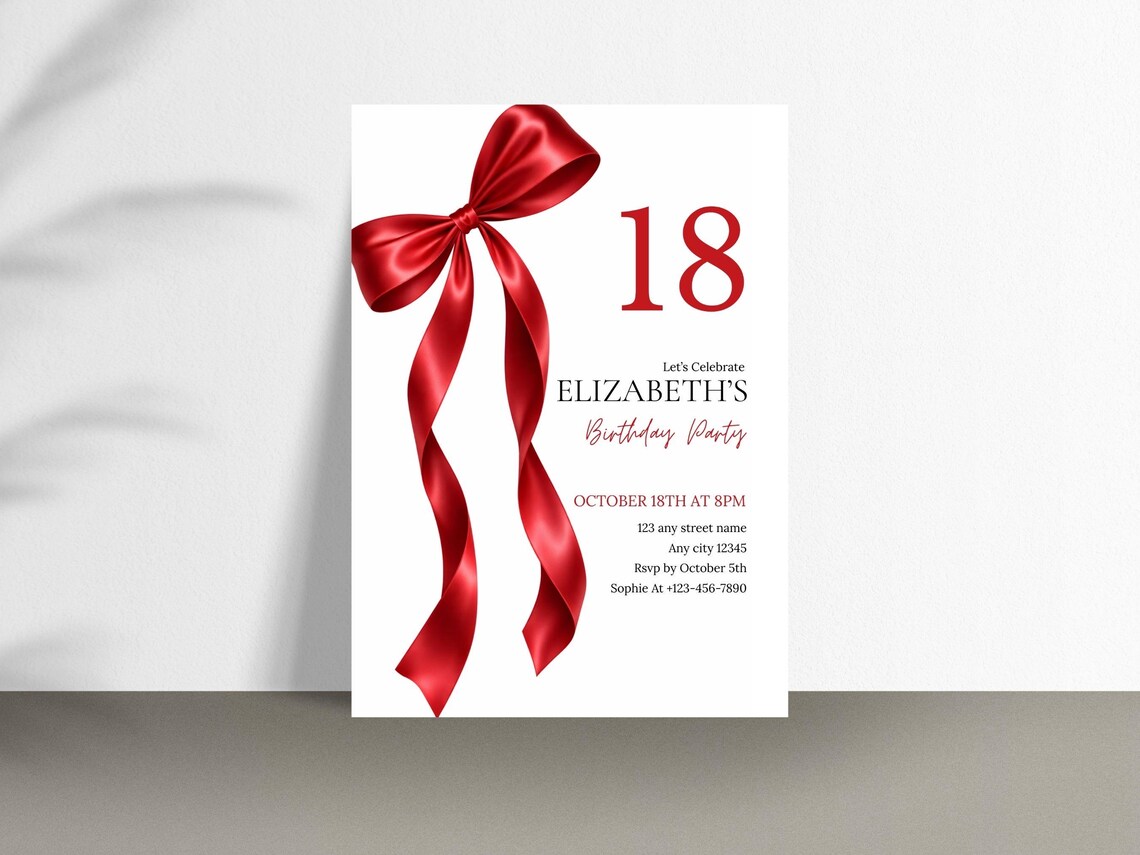 Red 18th Birthday Invitation Burgundy Bow Birthday Invite Canva ...