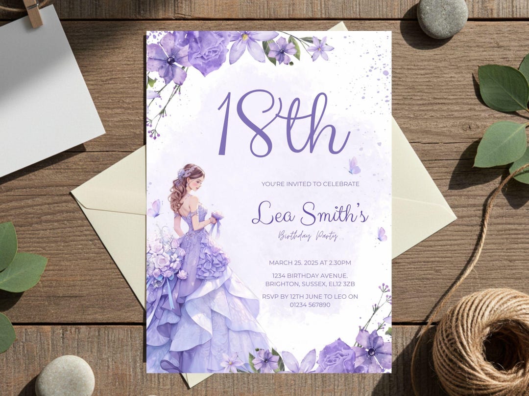 Violet Purple 18th Birthday Invitation | Purple Lilac Lavender Floral ...