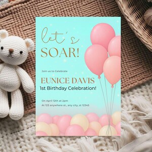 Editable Colorful Balloon Birthday Invite Watercolor Balloon Birthday ...