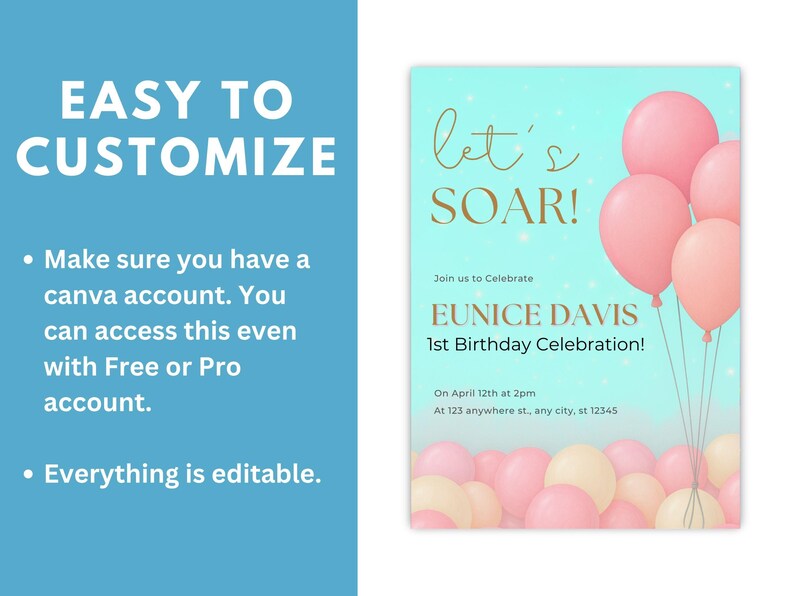 Editable Colorful Balloon Birthday Invite Watercolor Balloon Birthday ...