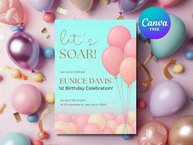 Editable Colorful Balloon Birthday Invite Watercolor Balloon Birthday ...