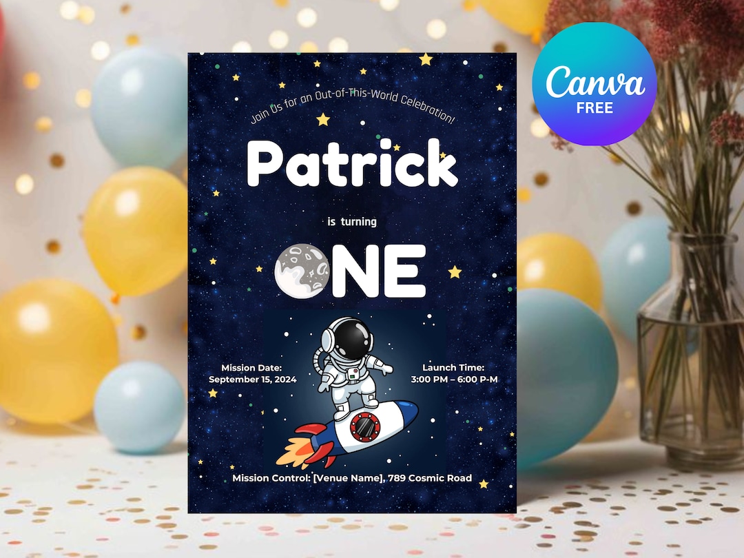 Editable Space-themed 1st Birthday Invitation Outer Space Astronaut ...