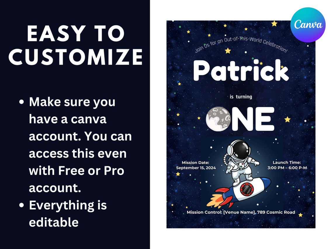 Editable Space-themed 1st Birthday Invitation | Outer Space Astronaut ...