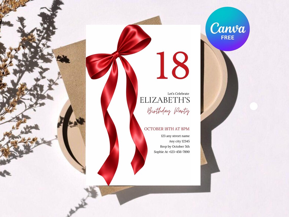 Red 18th Birthday Invitation Burgundy Bow Birthday Invite Canva ...