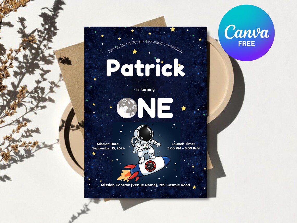 Editable Space-themed 1st Birthday Invitation | Outer Space Astronaut ...