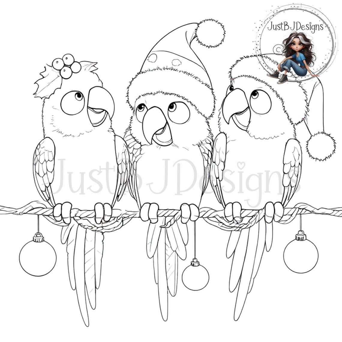 Christmas Bird Digital Coloring - 3 Line Drawing & Grayscale Images ...