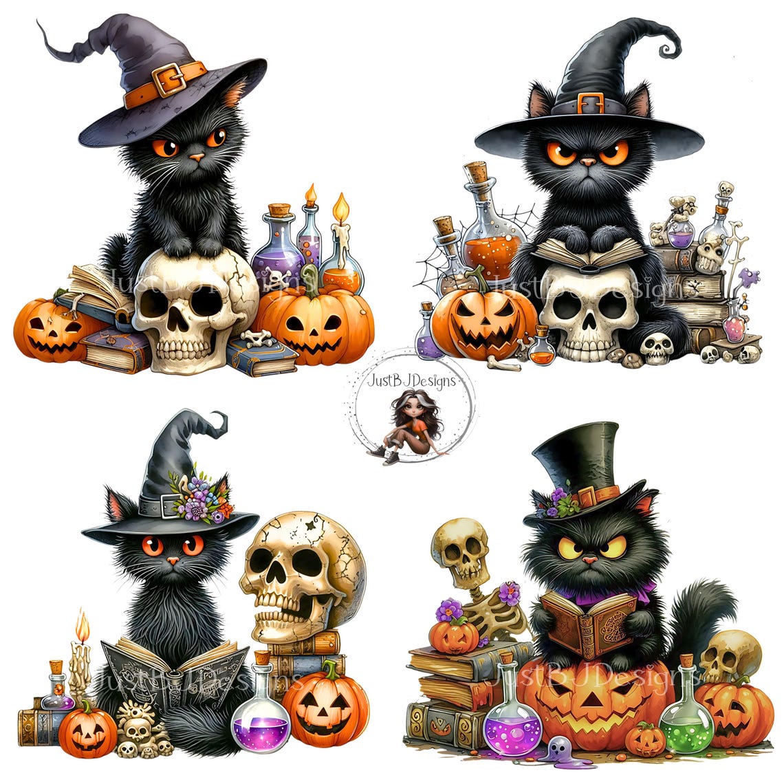 Whimsical Halloween Black Cat Clipart: 12 High-res Images (commercial ...