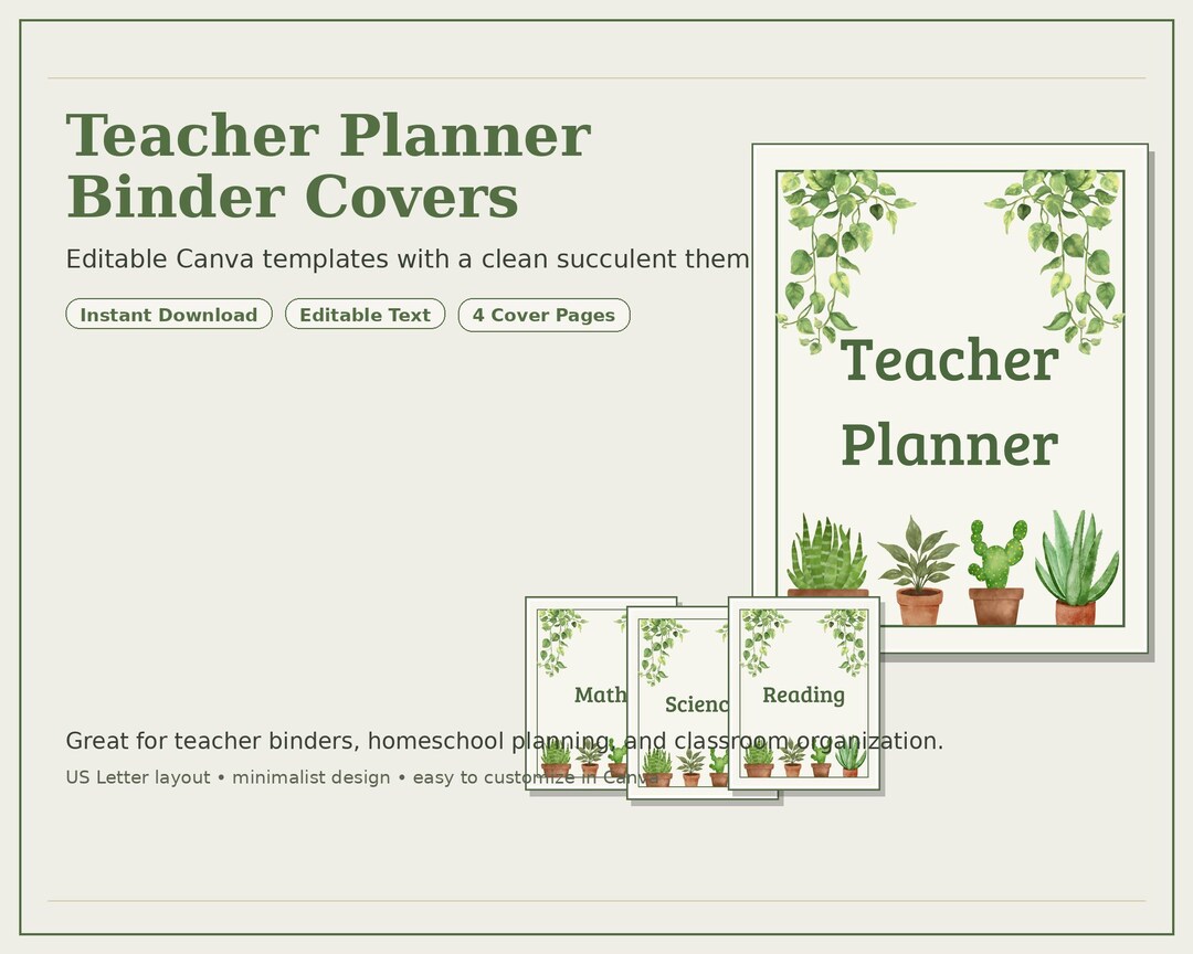 Succulent Teacher Planner Binder Covers | Editable Canva Template ...