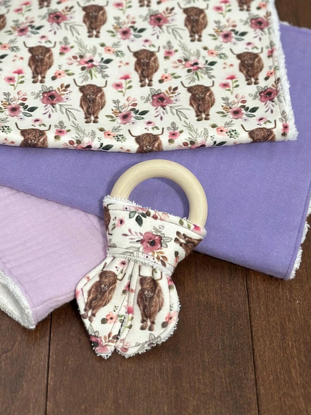 Highland Cow Natural Wood Teether in Purple - Etsy