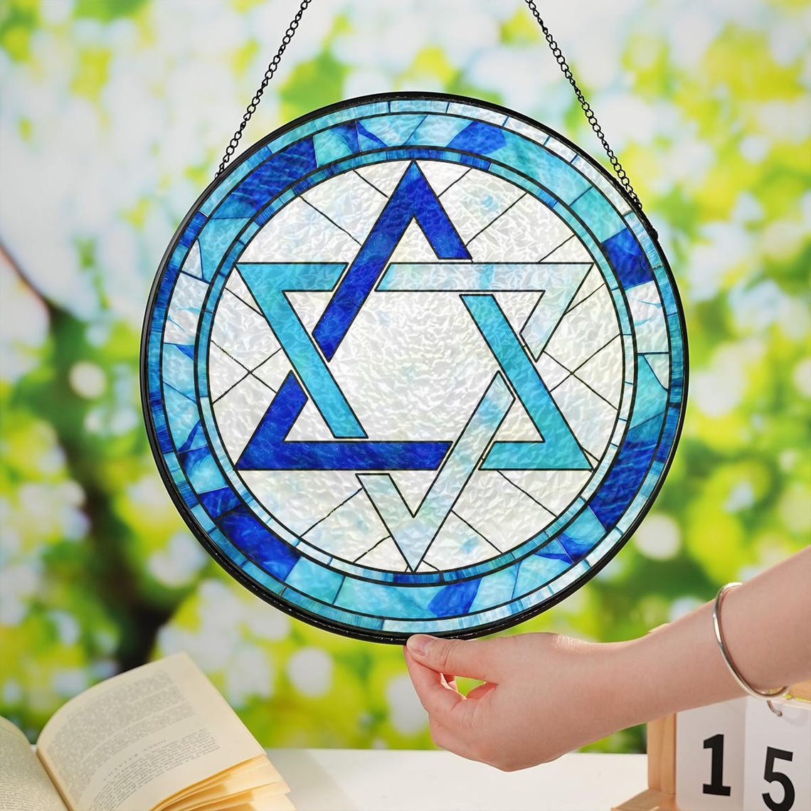 Jewish Star of David Suncatcher, Hanukkah Stained Glass Window Hanging ...