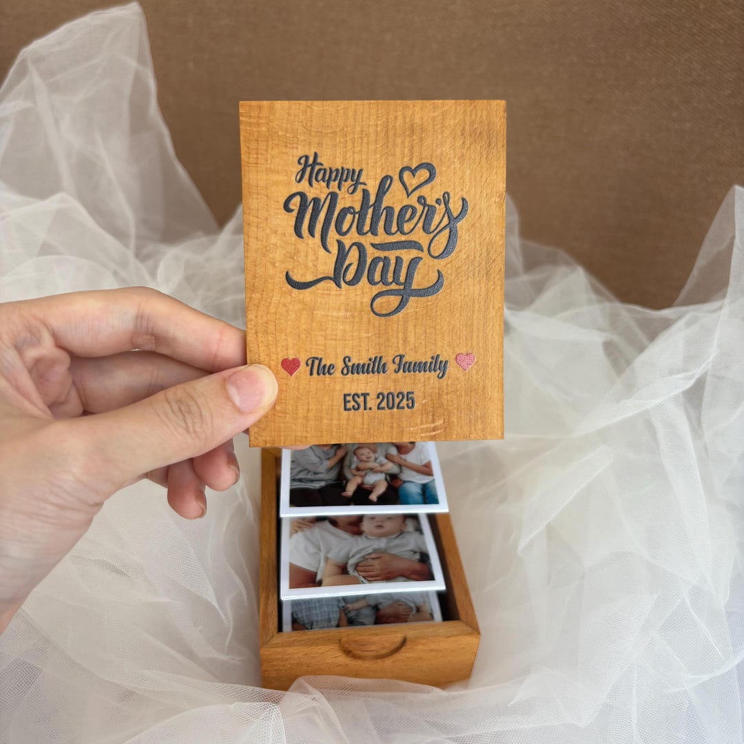 Personalized Pull up Photo Wooden Box, Gift for Her, Family Photo Gifts ...