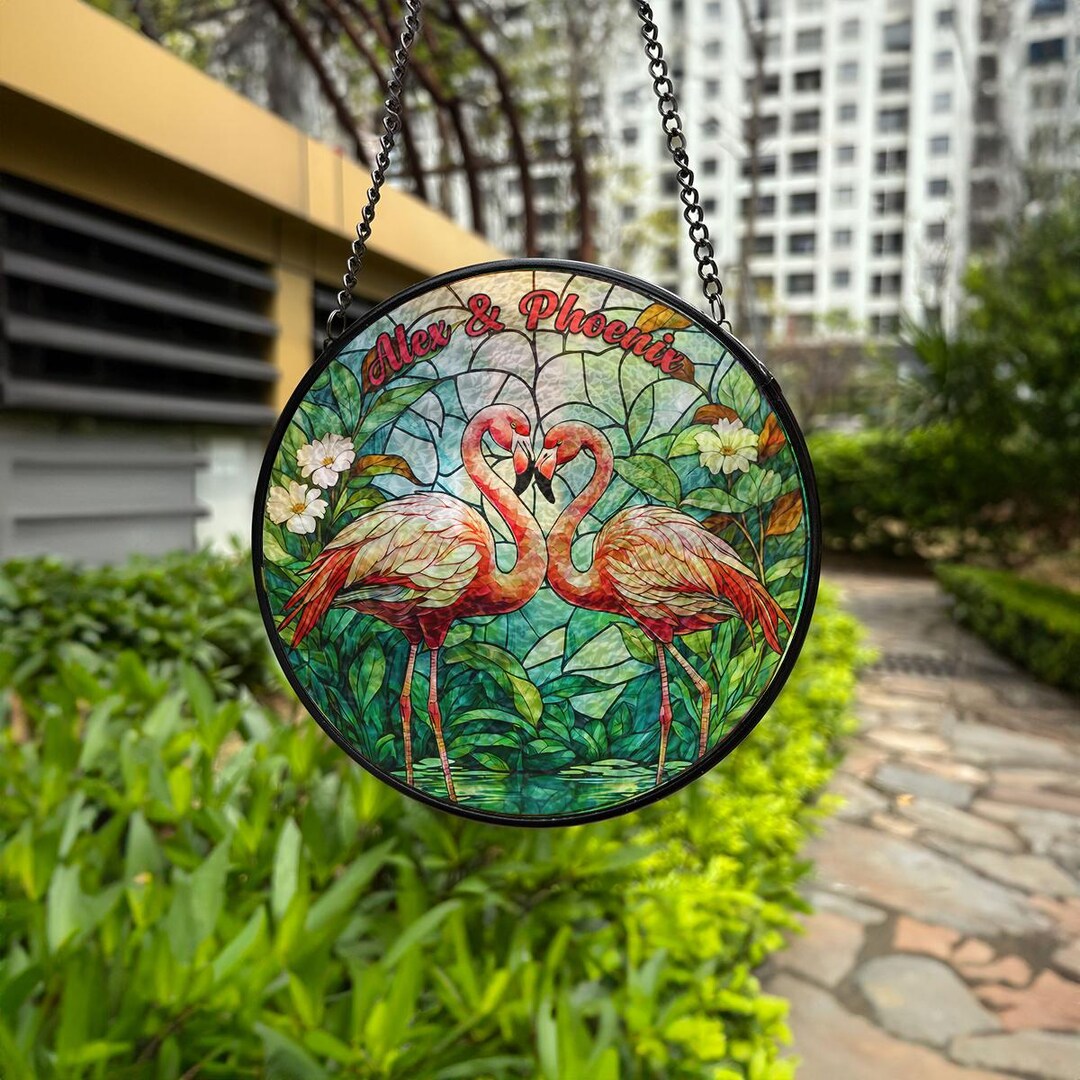 Flamingo Glass Suncatcher Custom, Couples Sun Catcher for Window ...