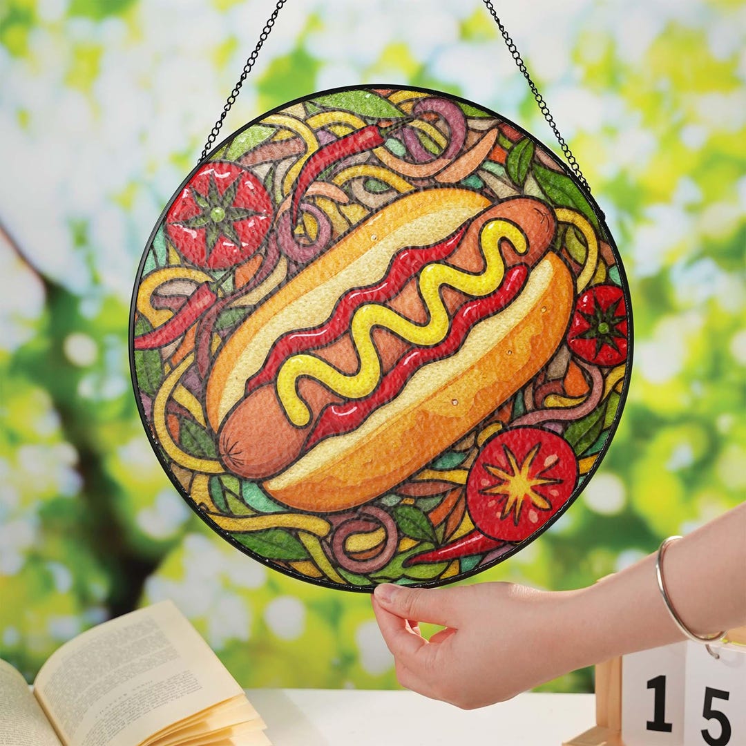 Hot Dog Stained Glass Suncatcher, German Hot Dog Window Hanging, Home ...