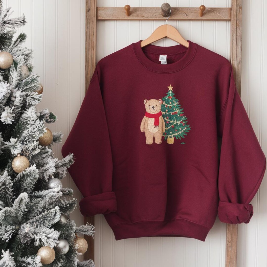 Cozy Burgundy Christmas Sweatshirt With Bear & Tree Embroidery, Holiday ...