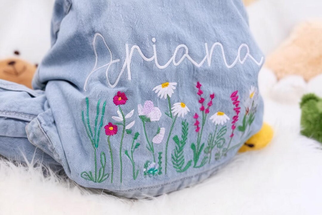 Customs Name Embroidered Denim Jacket, Flower Jean Jacket, Embroidered ...