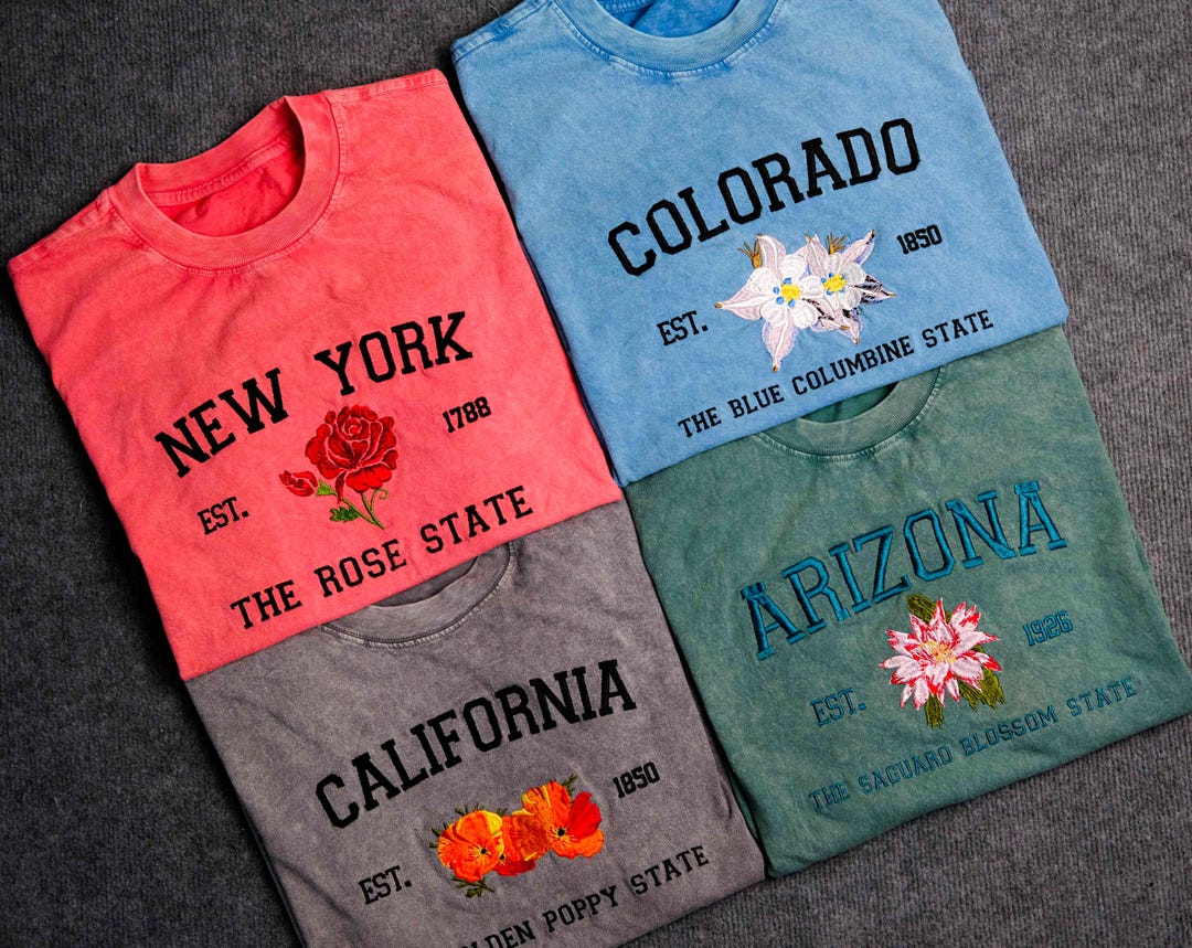 Custom State Embroidered Shirt, Custom State Flowers Embroidery Shirt ...